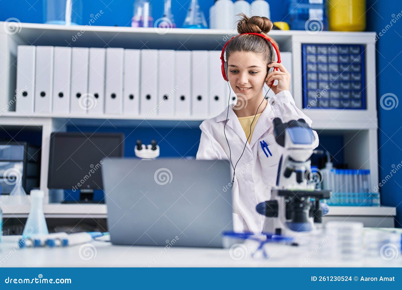 Adorable Girl Scientist Using Laptop Working at Laboratory Stock Photo ...