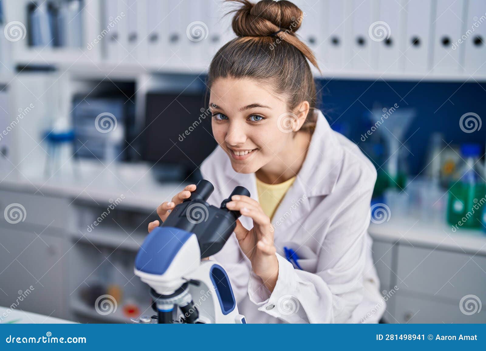 Adorable Girl Scientist Using Microscope Working at Laboratory Stock ...