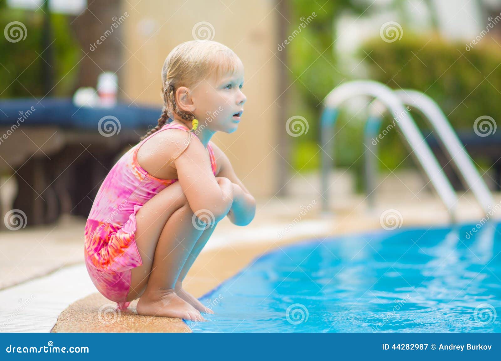 Adorable Girl Sit on Pool Side in Tropical Beach Resort Stock Image ...