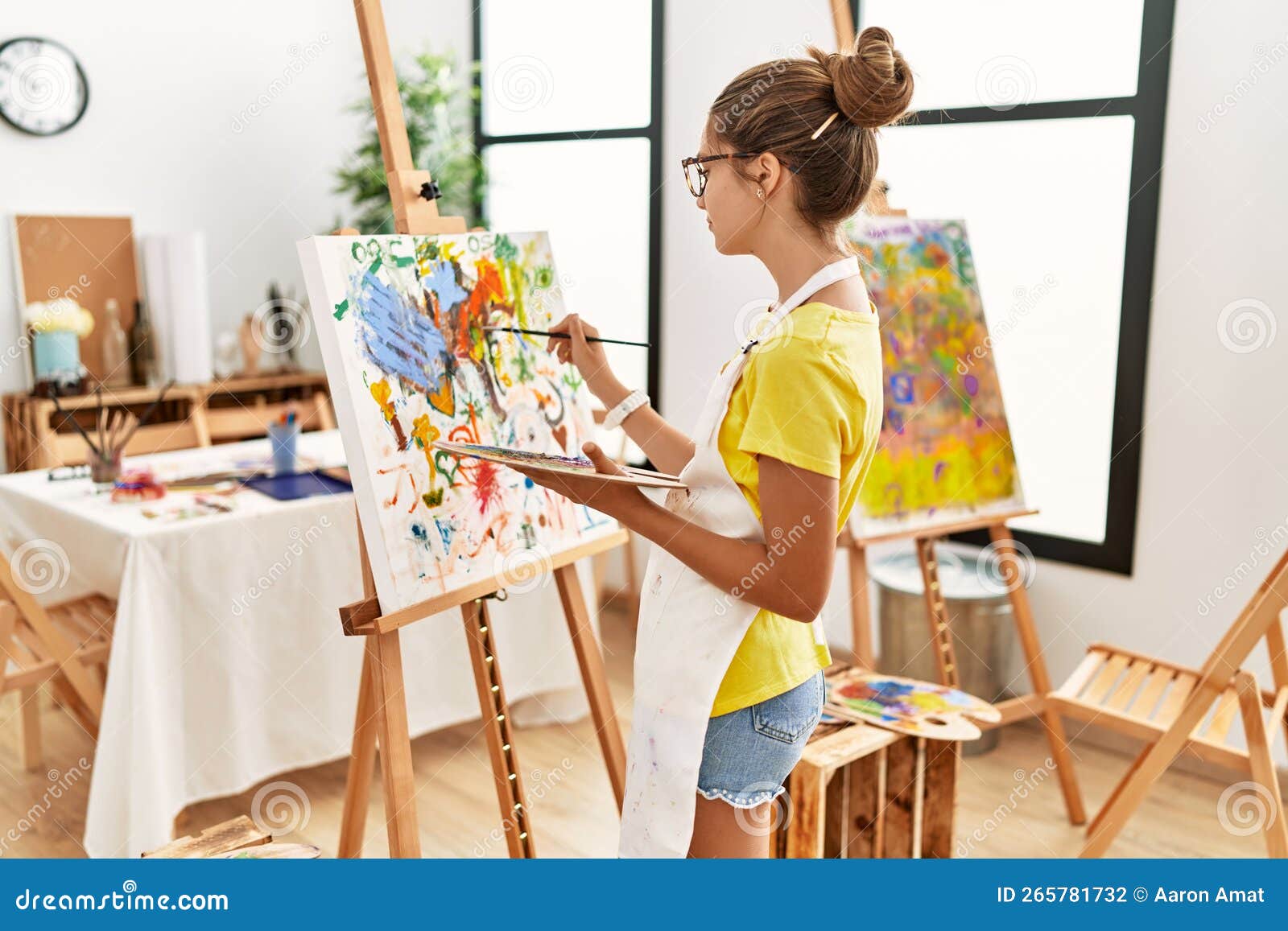 Adorable Girl Smiling Confident Drawing at Art Studio Stock Photo ...