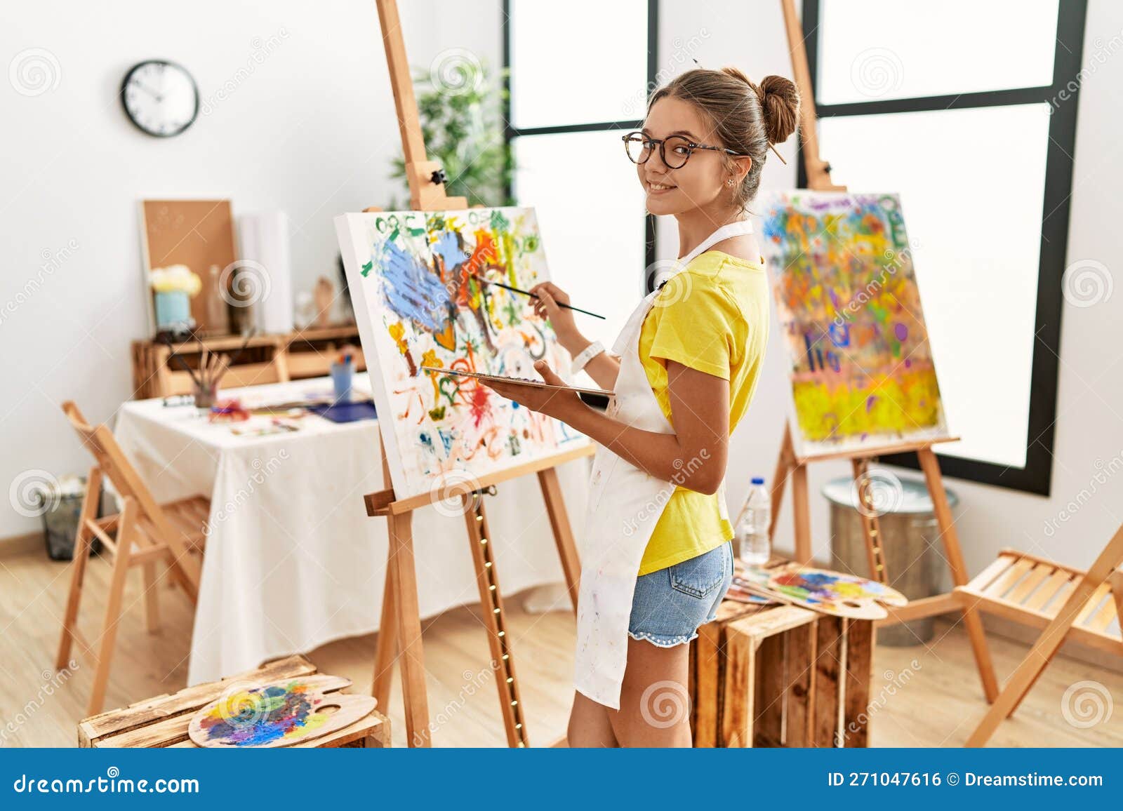 Adorable Girl Smiling Confident Drawing at Art Studio Stock Photo ...