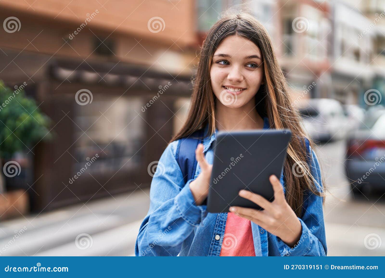 Adorable Girl Student Using Touchpad at Street Stock Image - Image of ...