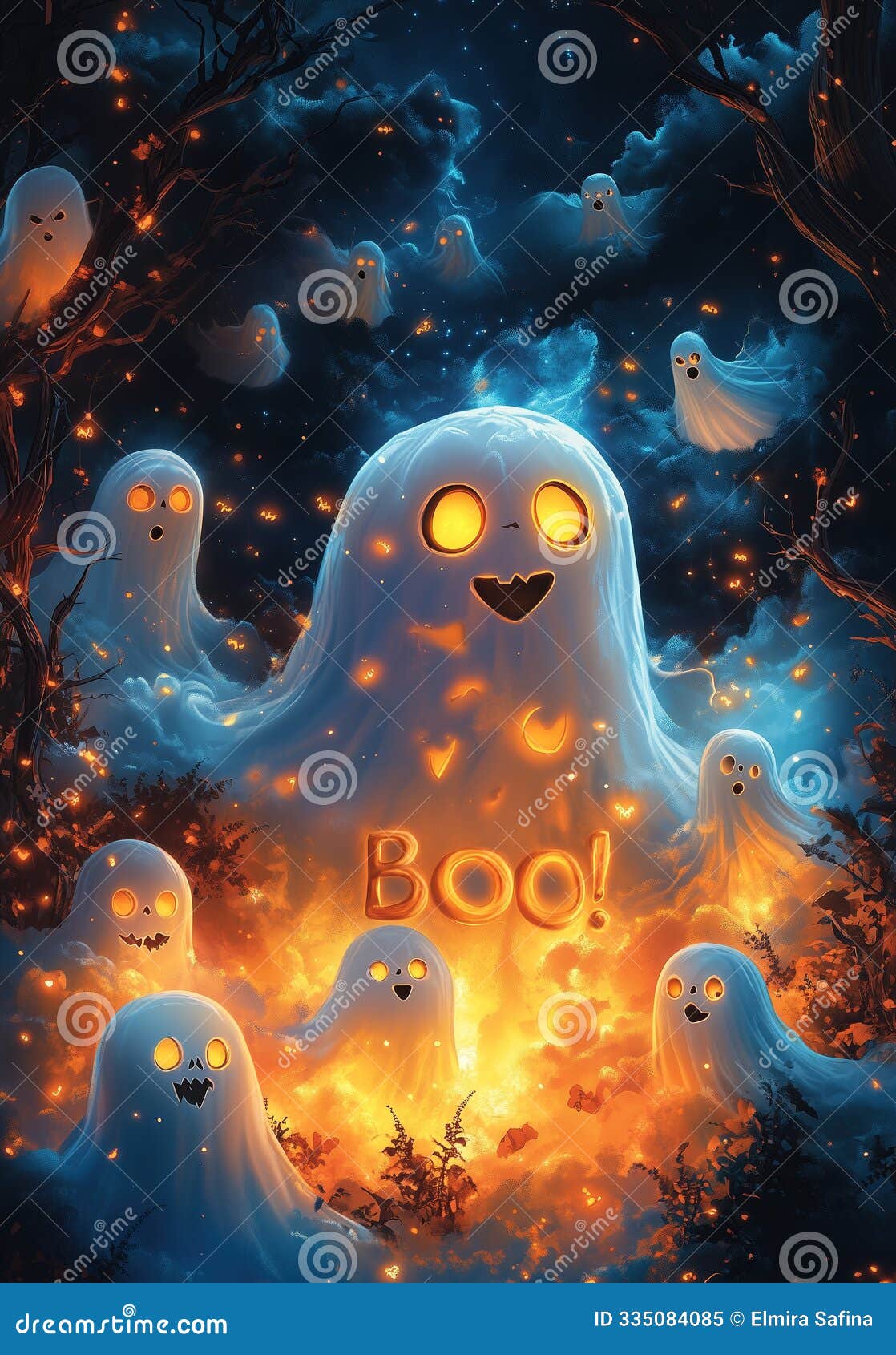 Adorable Glowing Ghosts in a Mysterious Enchanted Forest Night Scene ...