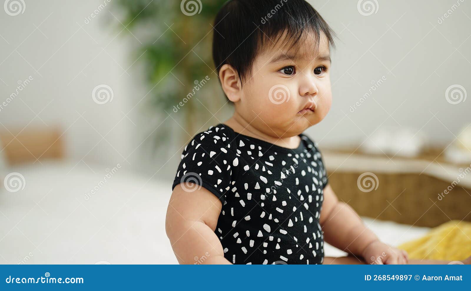 Adorable Hispanic Baby Sitting on Bed at Home Stock Image - Image of ...
