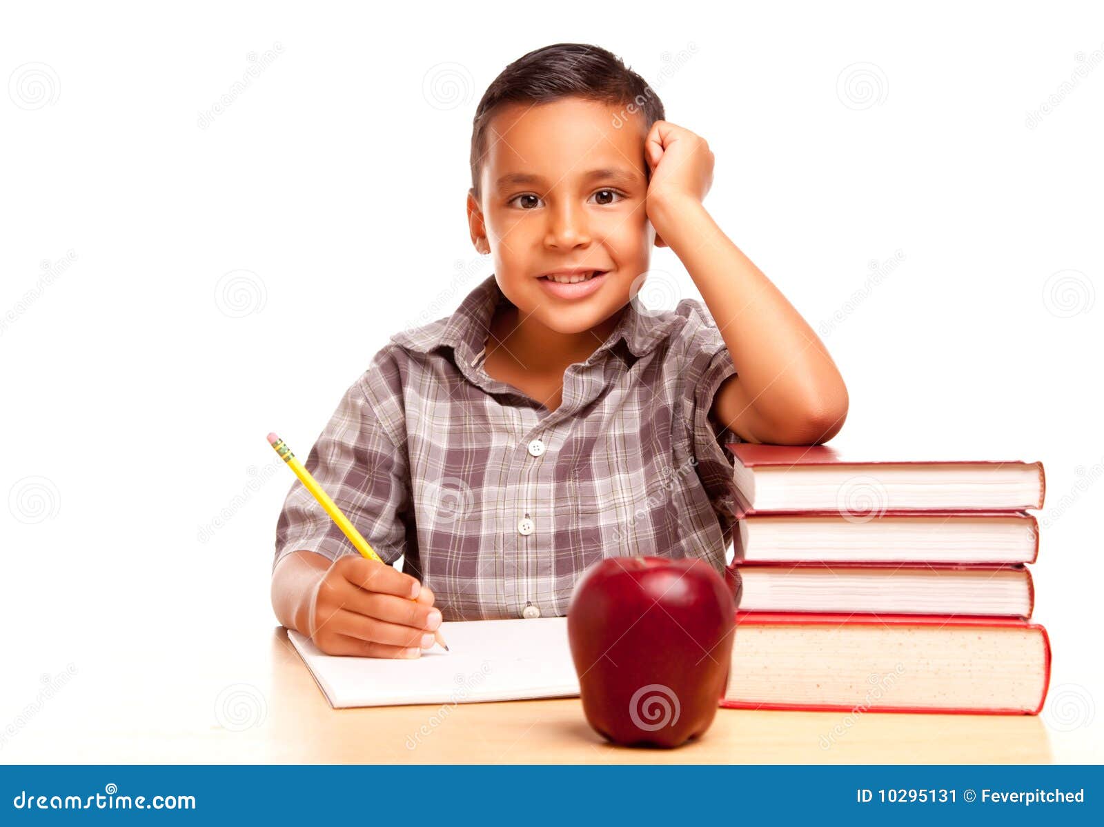 Adorable Hispanic Boy with Books, Apple, Pencil an Stock Image - Image ...