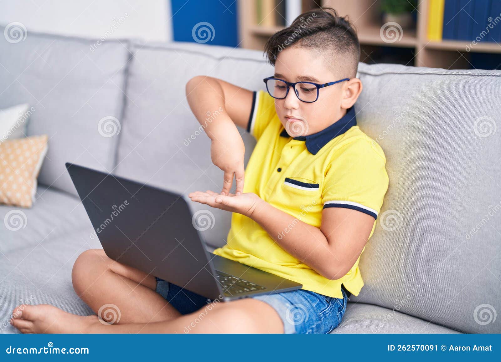 Adorable Hispanic Boy Having Video Call Communicate with Sign Deaf ...