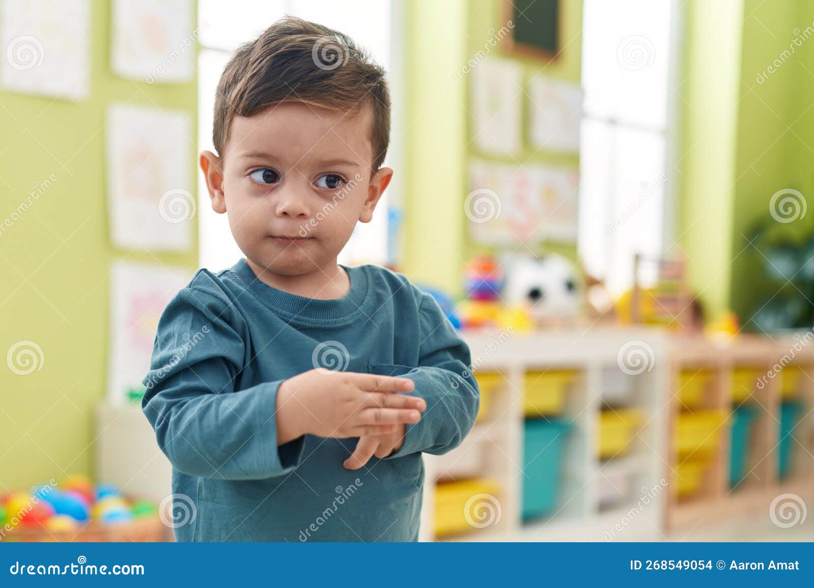 Adorable Hispanic Boy Smiling Confident Standing at Kindergarten Stock ...