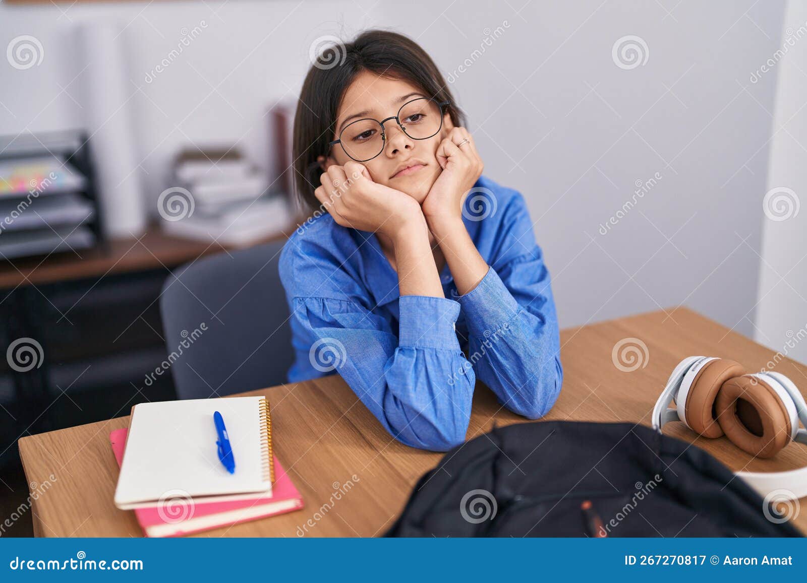 Adorable Hispanic Girl Student Sitting on Table with Boring Expression ...
