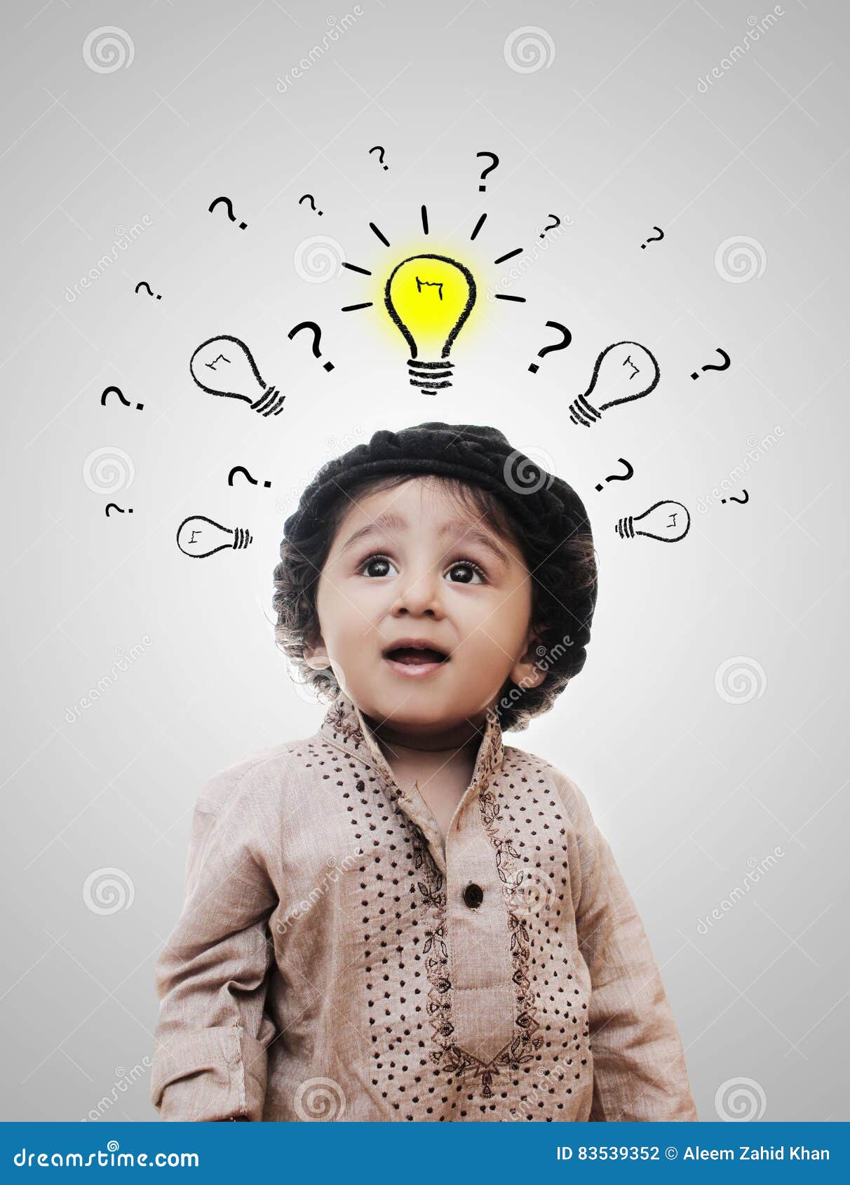 Adorable Intelligent Little Boy Thinking - Question Marks Stock Photo ...