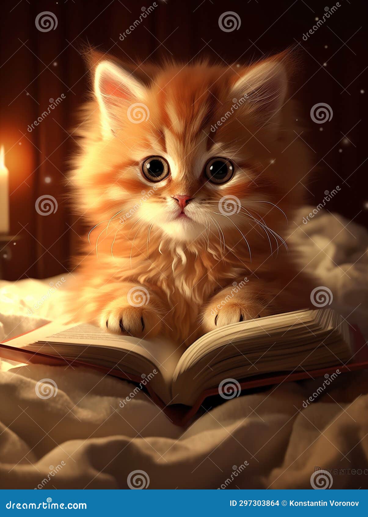 Adorable Kitten Reading a Fairytale Book in the Bed. Stock Illustration ...