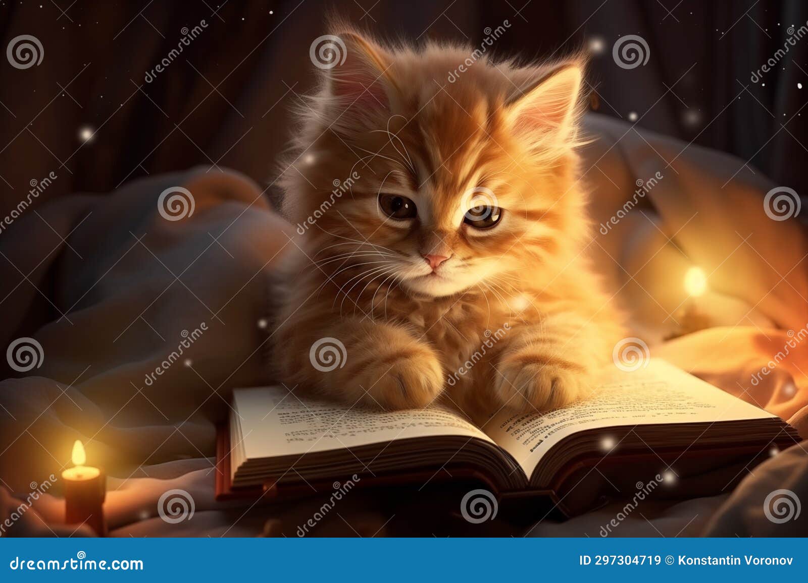 Adorable Kitten Reading a Fairytale Book in the Bed. Stock Illustration ...
