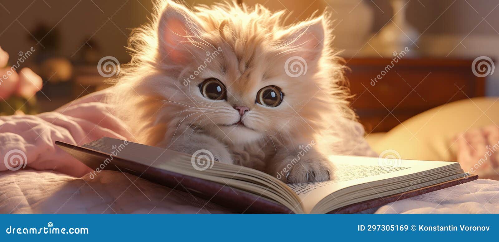 Adorable Kitten Reading a Fairytale Book in the Bed. Stock Illustration ...