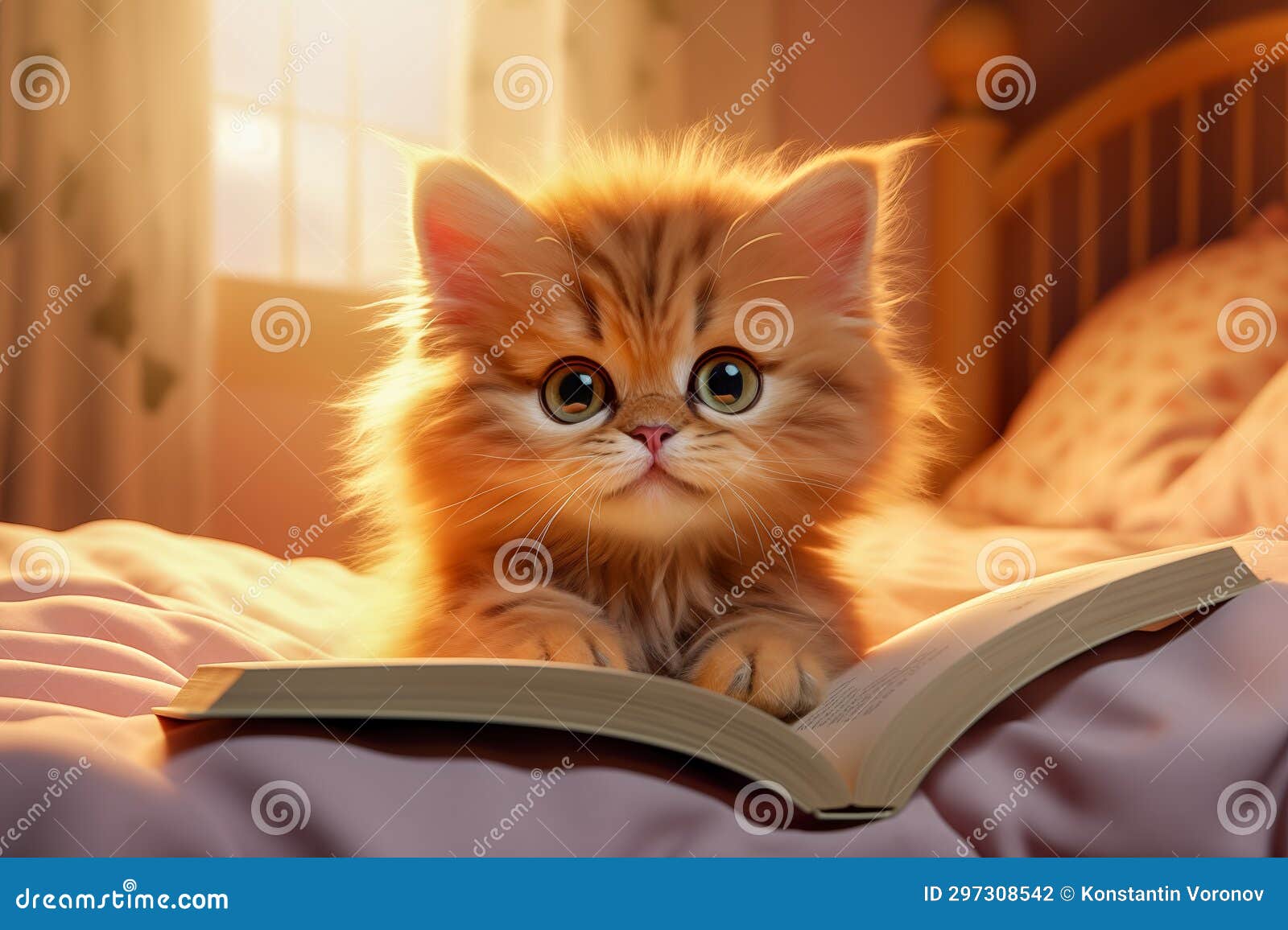 Adorable Kitten Reading a Fairytale Book in the Bed. Stock Illustration ...