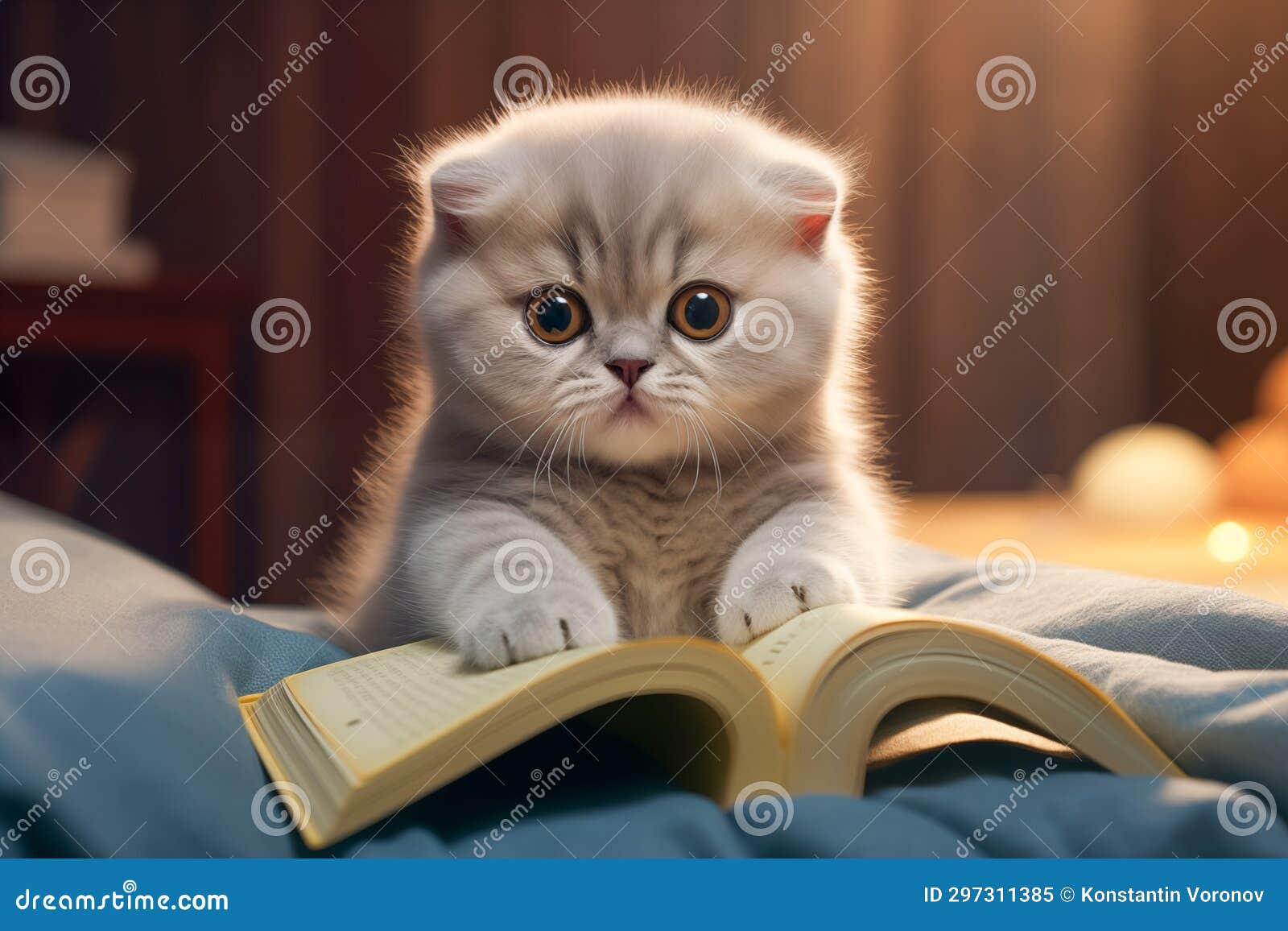 Adorable Kitten Reading a Fairytale Book in the Bed. Stock Illustration ...