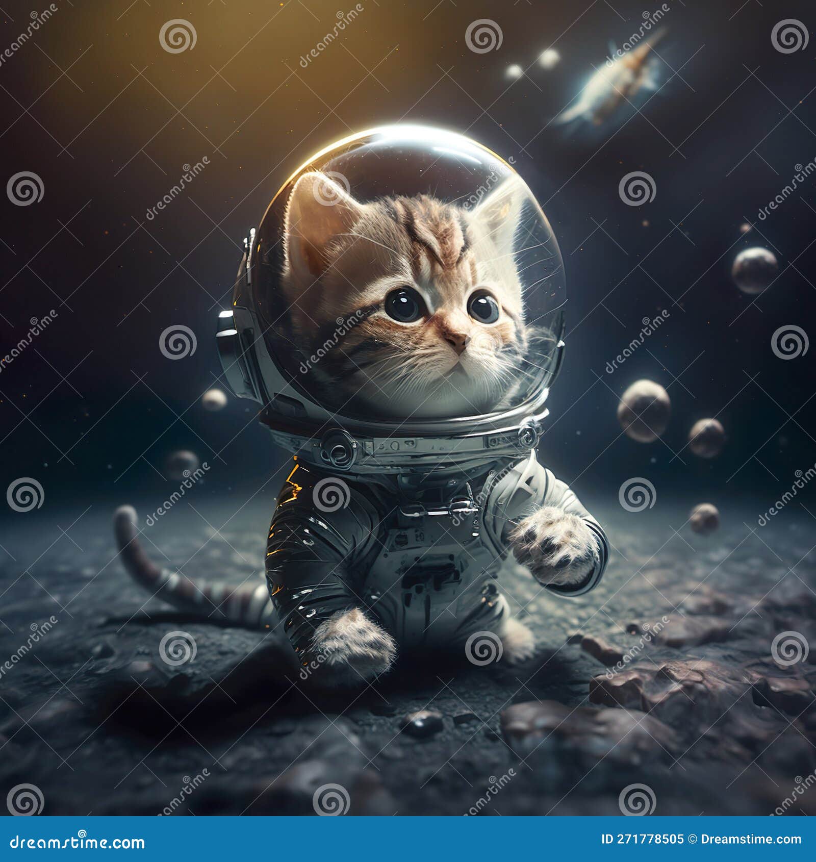 A Adorable Kitten in a Space Suite Exploring a Planet . Stock ...