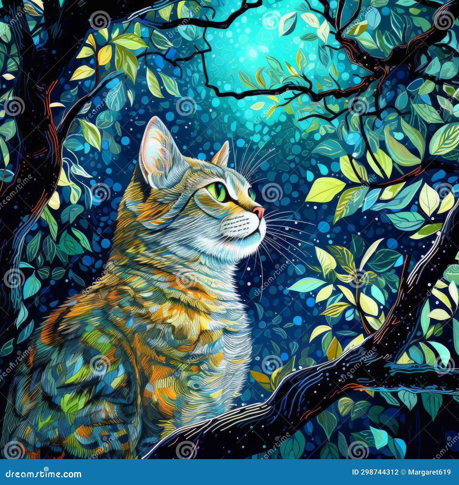 Beautiful Cat in the Forest Painting. Stock Illustration - Illustration ...