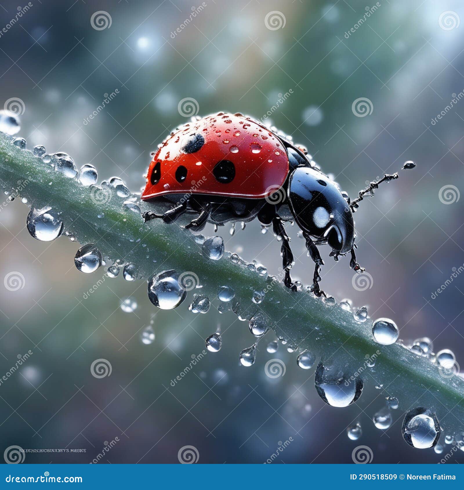 Adorable Ladybug Covered In Dew Drops Intricate Details Highly
