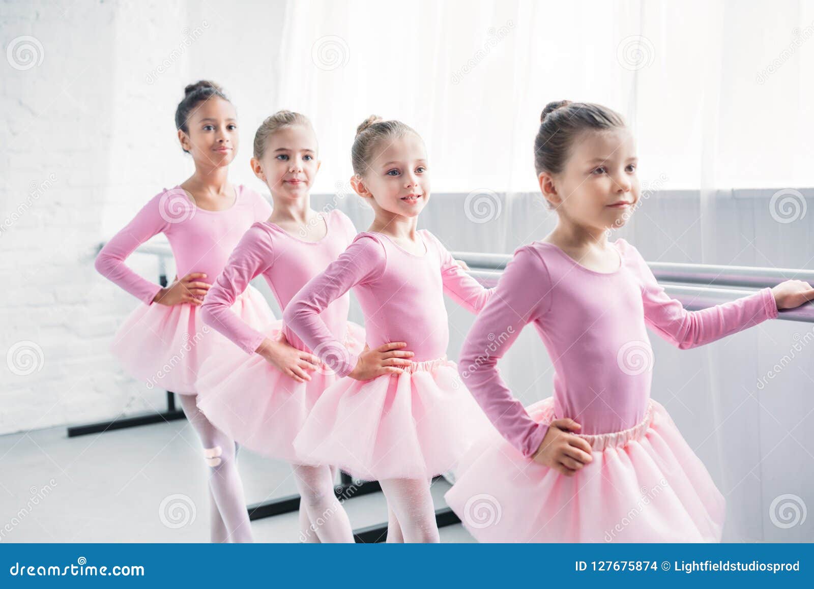 Little Ballerinas In Ballet Studio. Group Of Happy Girls Exercising Together Stock Photography ...
