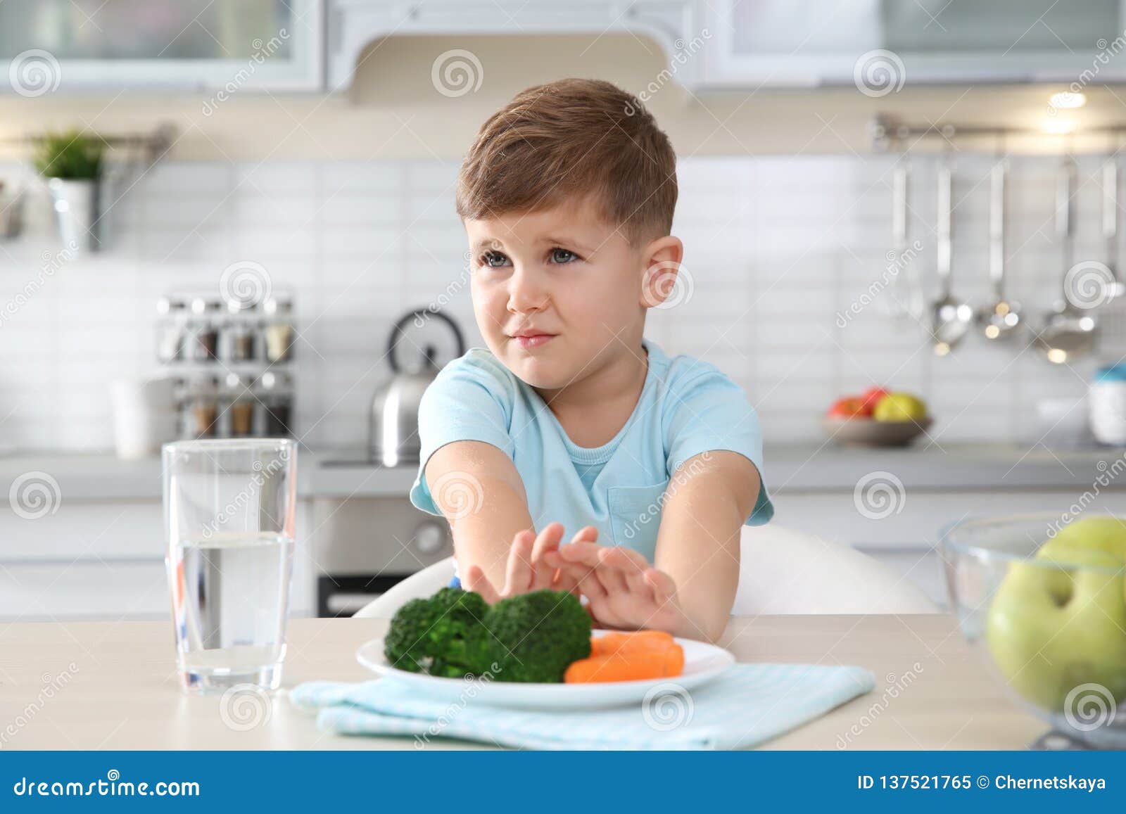 Adorable Little Boy Refusing To Eat Vegetables at Table Stock Image ...