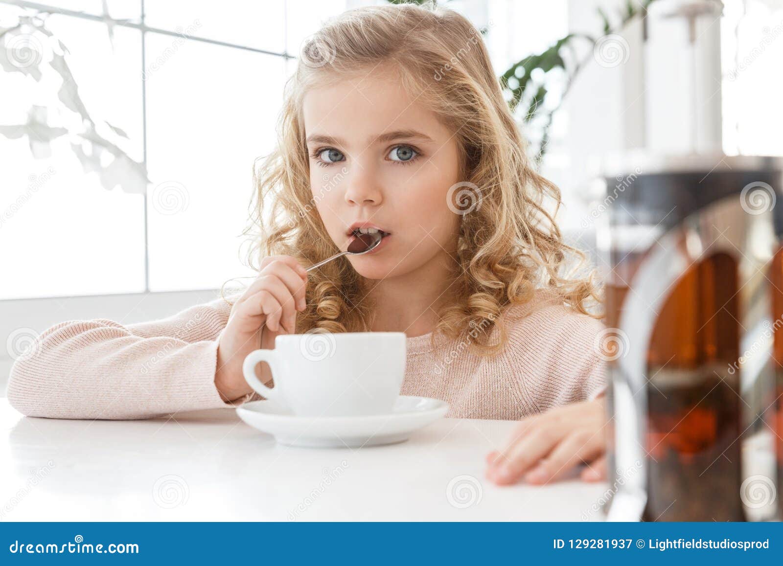 Adorable Little Child Drinking Tea Stock Image - Image of child, person ...