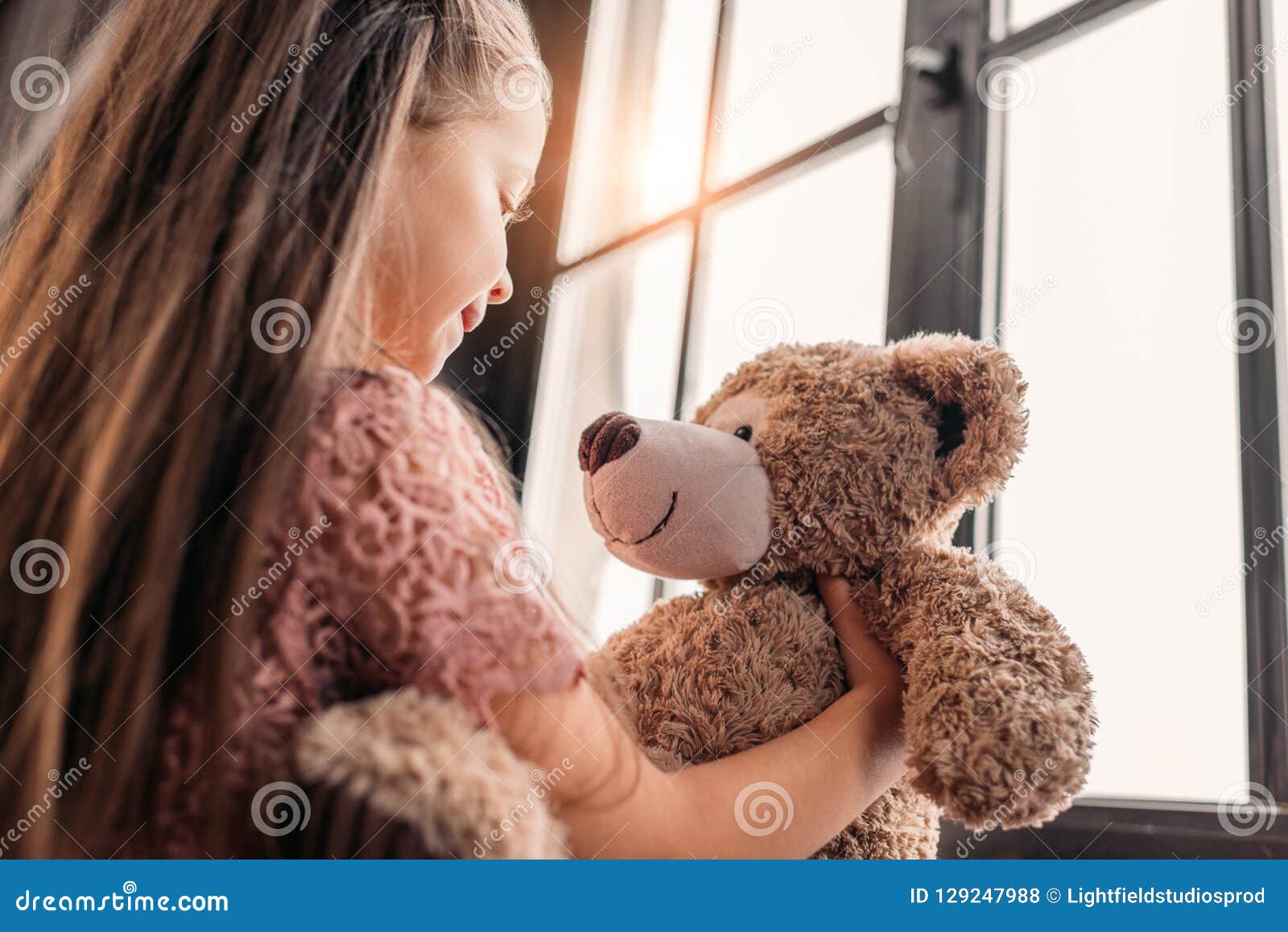 Adorable Little Child Playing with Teddy Bear Stock Photo - Image of ...