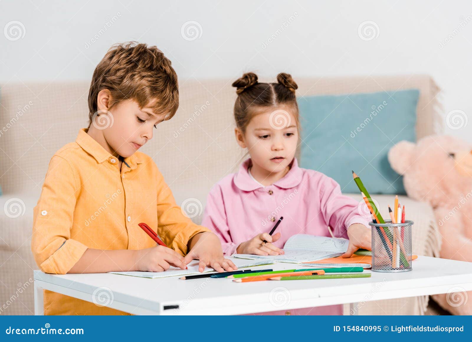 Adorable Little Children Writing and Stock Image - Image of male ...