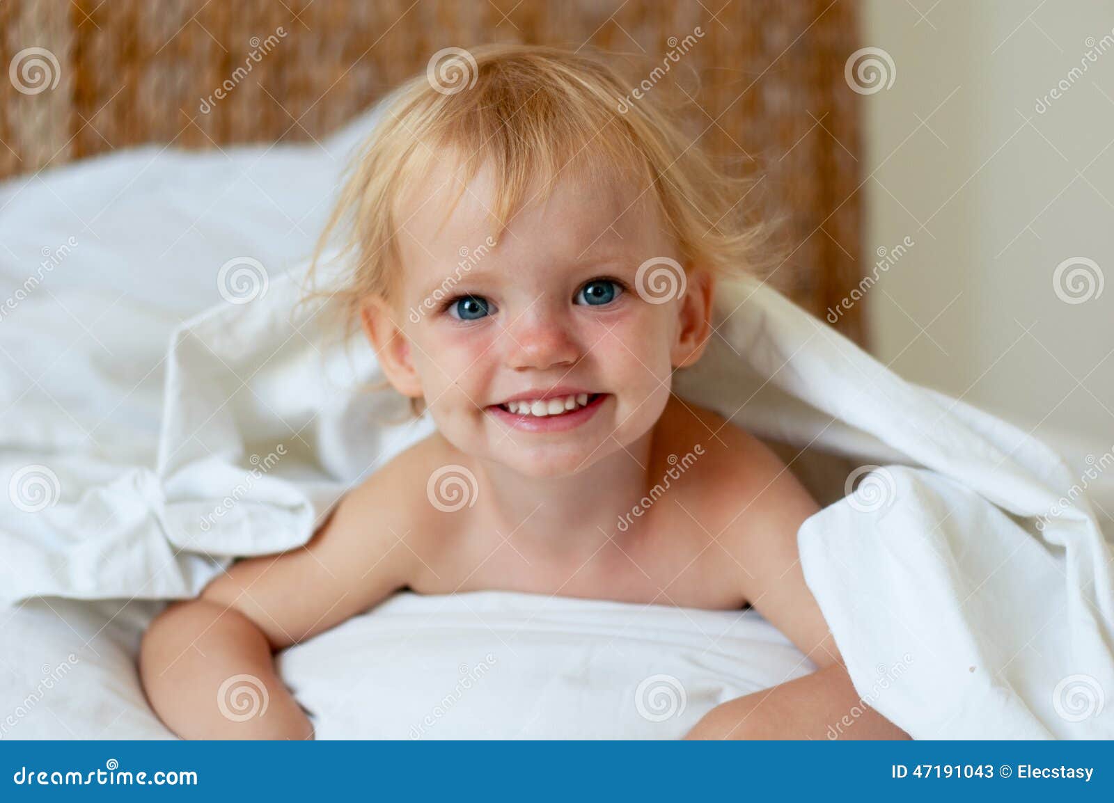 Adorable Little Girl in White Bed Stock Image - Image of childhood ...