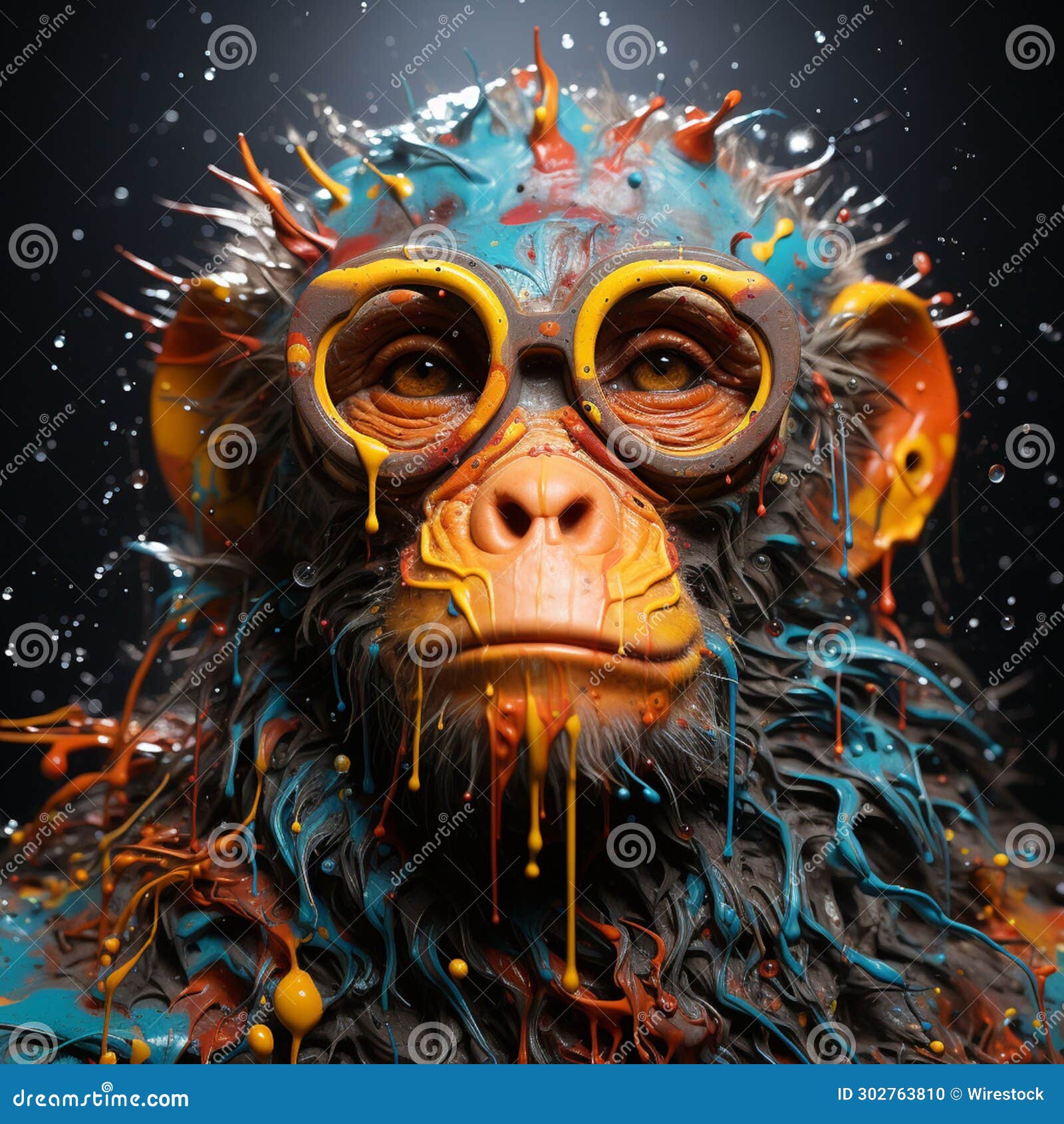 An Adorable Monkey with an Artistic Design of Orange and Blue Paint on ...