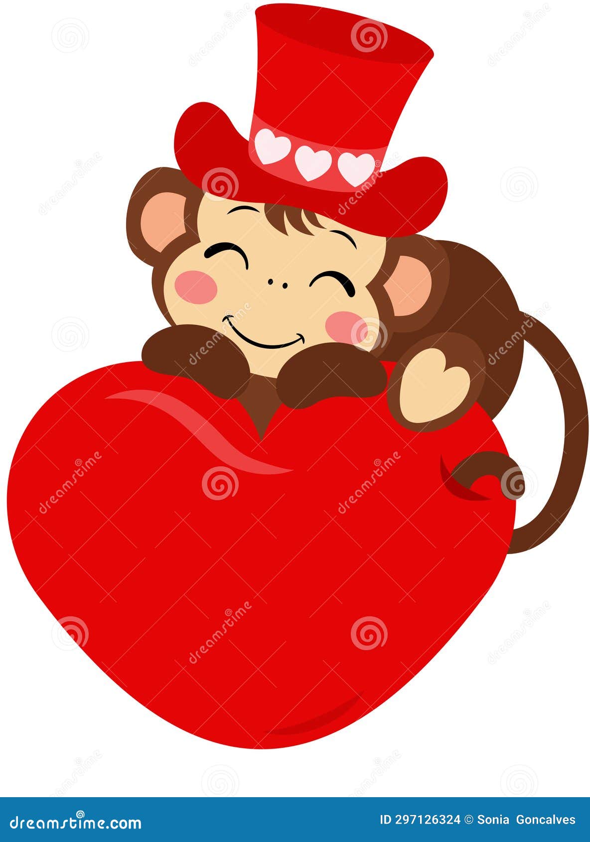 Adorable Monkey on Top of the Big Red Heart Stock Illustration ...