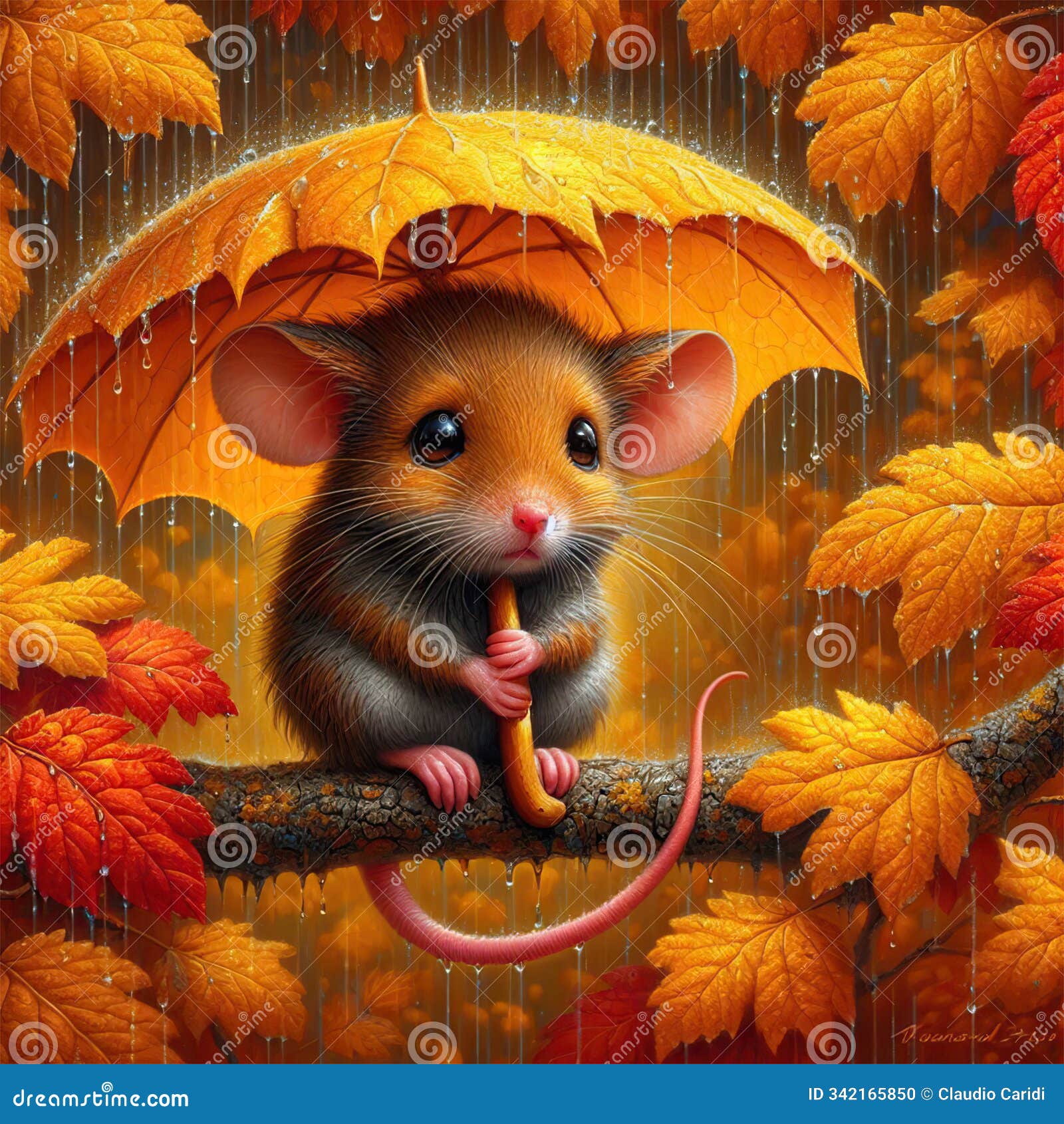 Adorable Mouse Sheltering from Autumn Rain Stock Illustration ...