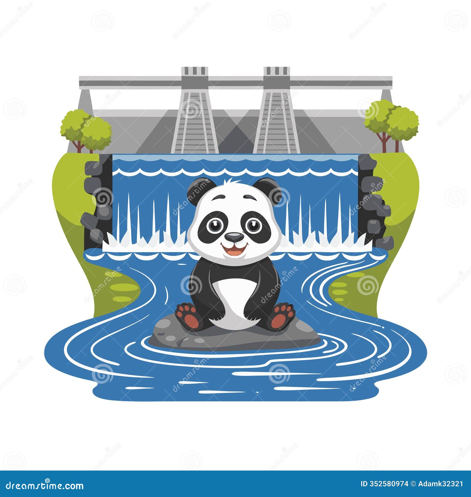 Adorable Panda Sitting on Rock by Waterfall with Dam and Trees Vector ...