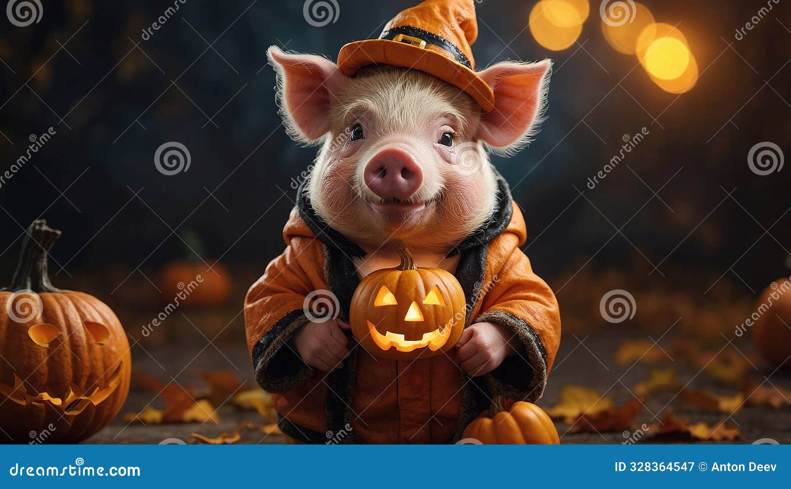 Adorable Piglet Dressed As a Wizard Holds Pumpkin Surrounded by Fall ...