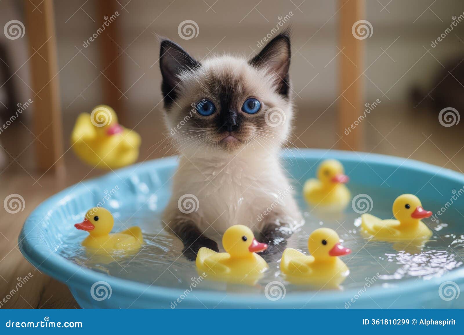Adorable Ragdoll Kitten Bathing with Rubber Ducks in Blue Basin Stock ...