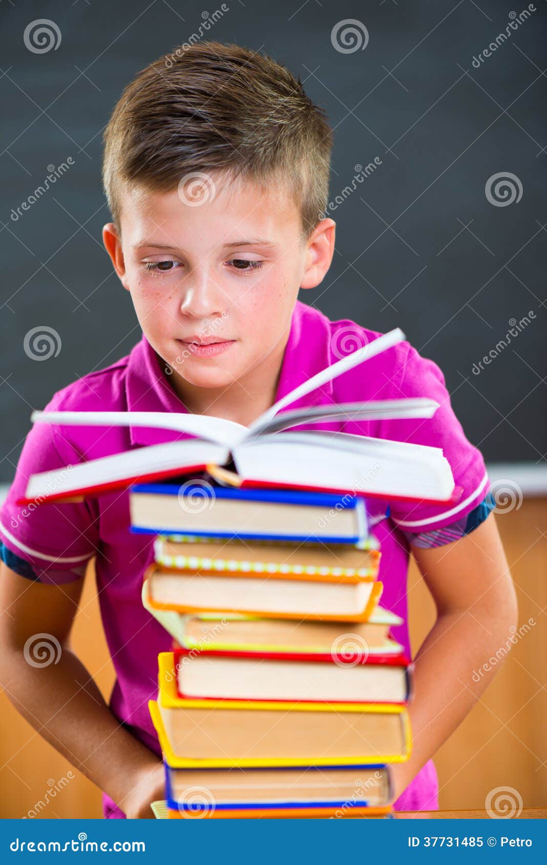 Adorable Schoolboy with Stack of Books Stock Image - Image of homework ...