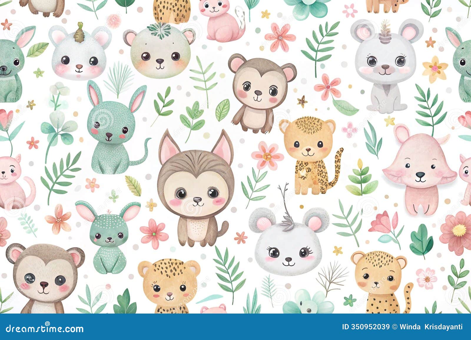 Adorable Seamless Pattern with Cute Cartoon Animals and Flowers Stock ...