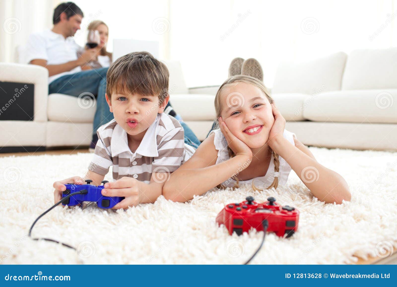 Adorable Siblings Playing Video Games Stock Photo - Image of father ...