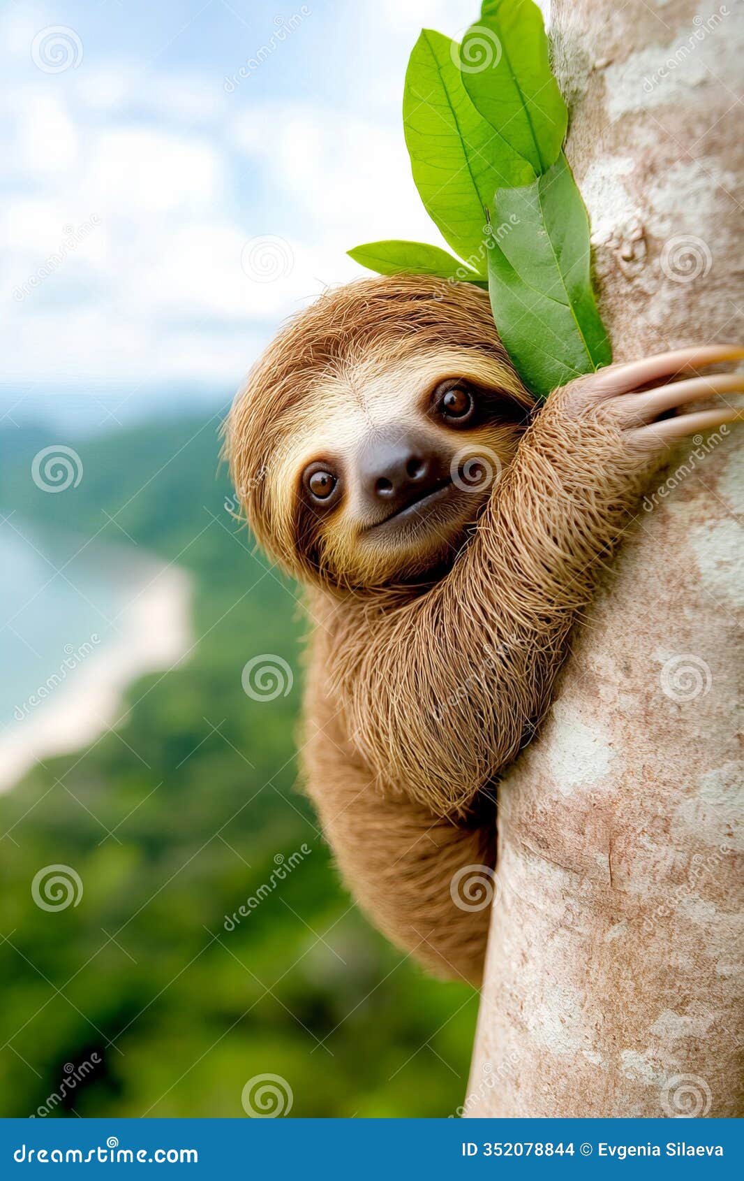 Adorable Sloth Hugging Tree in Lush Tropical Forest Stock Illustration ...