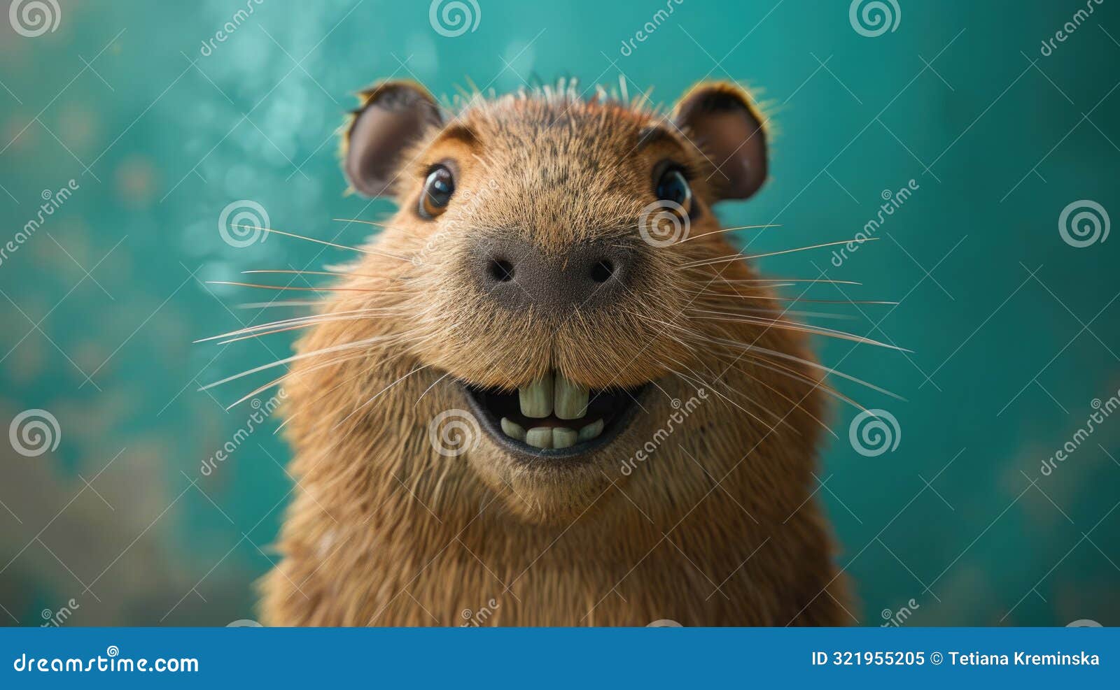 Adorable Smiling Cartoon Capybara on Vibrant Blue Background Stock ...