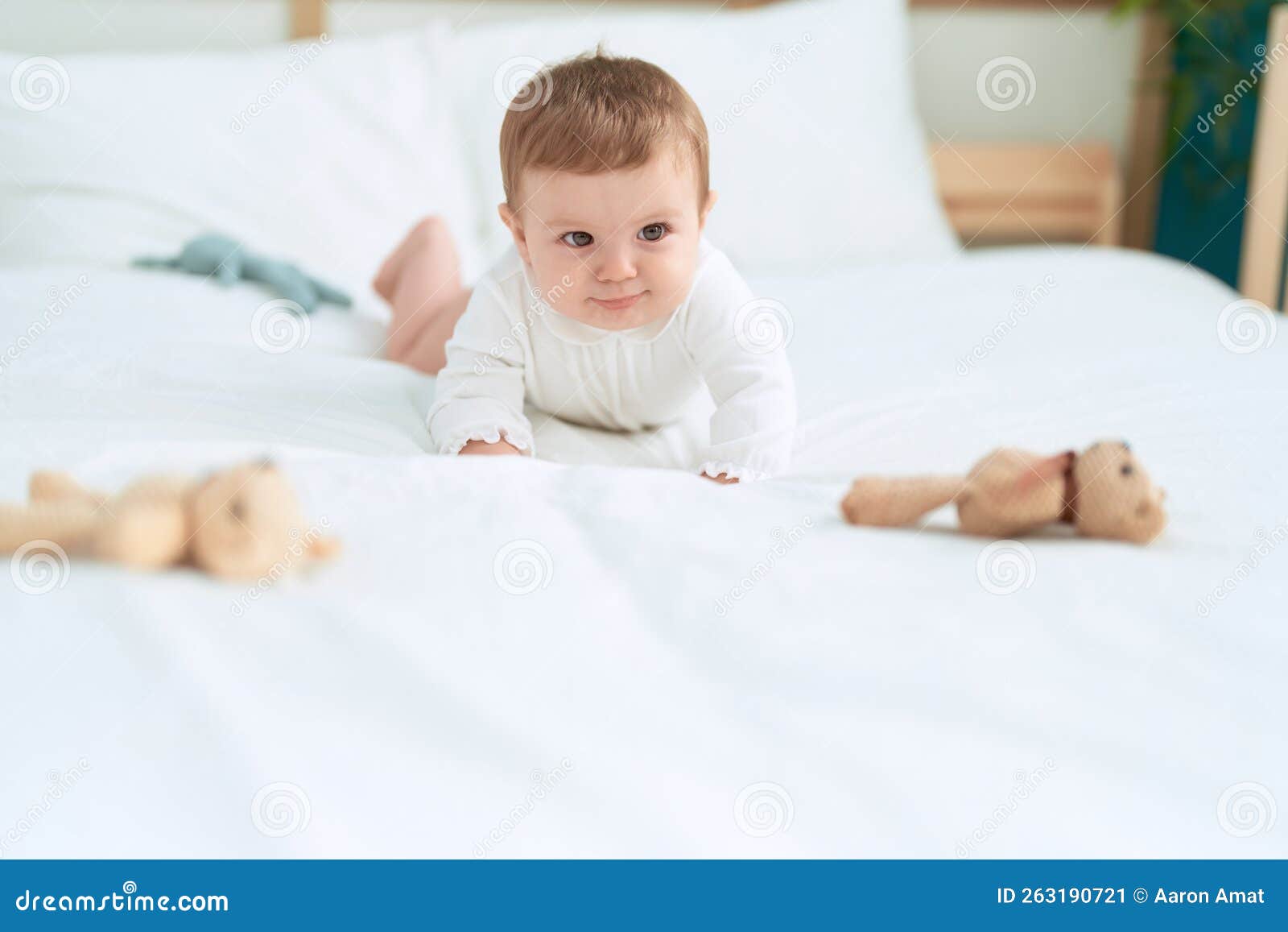 Adorable Toddler Crawling on Bed at Bedroom Stock Image - Image of ...
