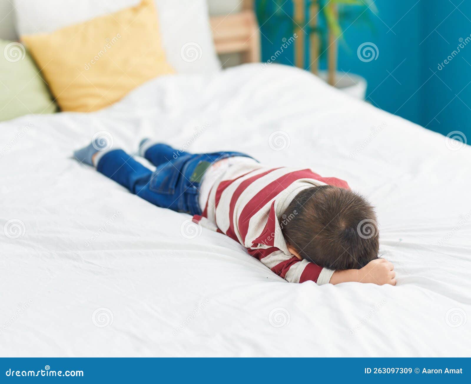 Adorable Toddler Lying on Bed Crying at Bedroom Stock Image - Image of ...