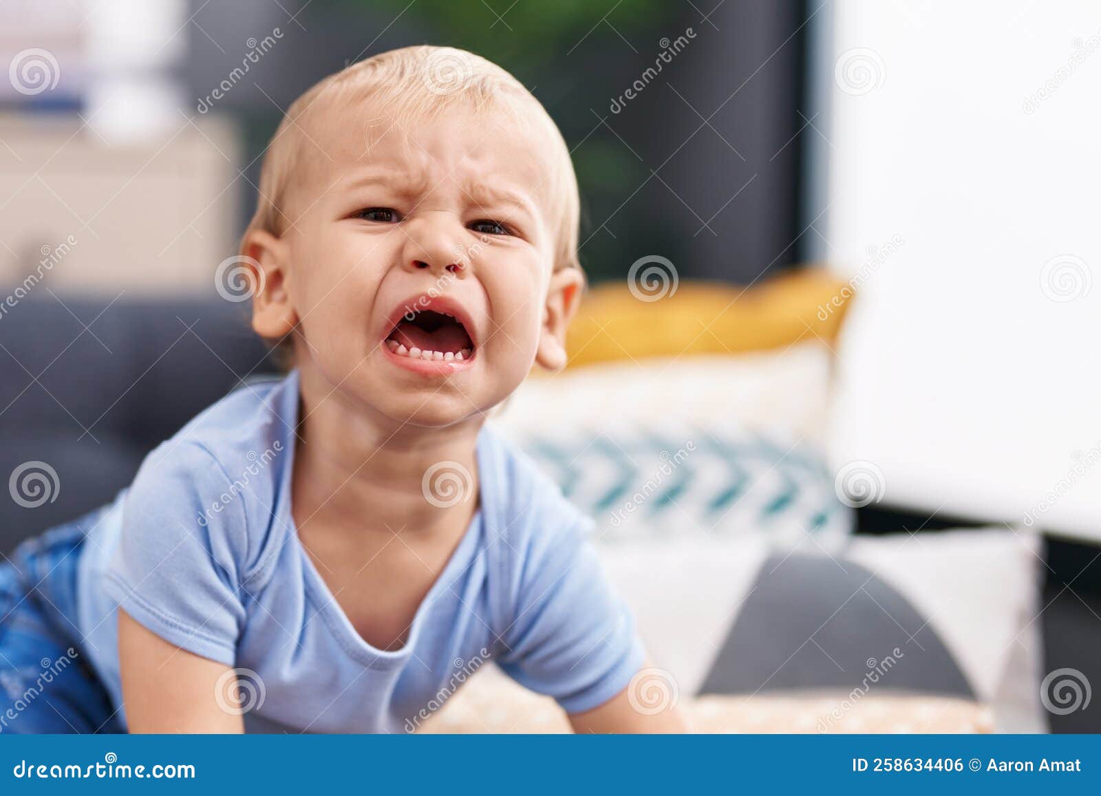 Adorable Toddler Sitting on Sofa Crying at Home Stock Photo - Image of ...