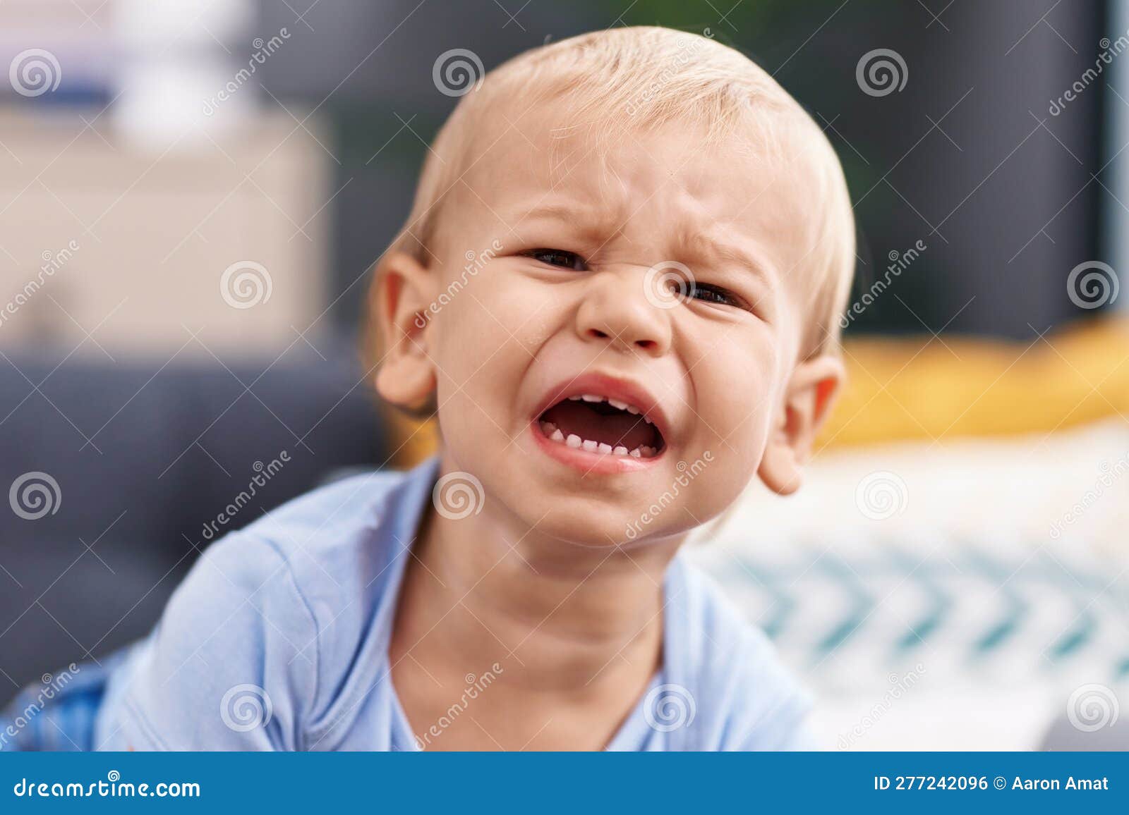 Adorable Toddler Sitting on Sofa Crying at Home Stock Photo - Image of ...