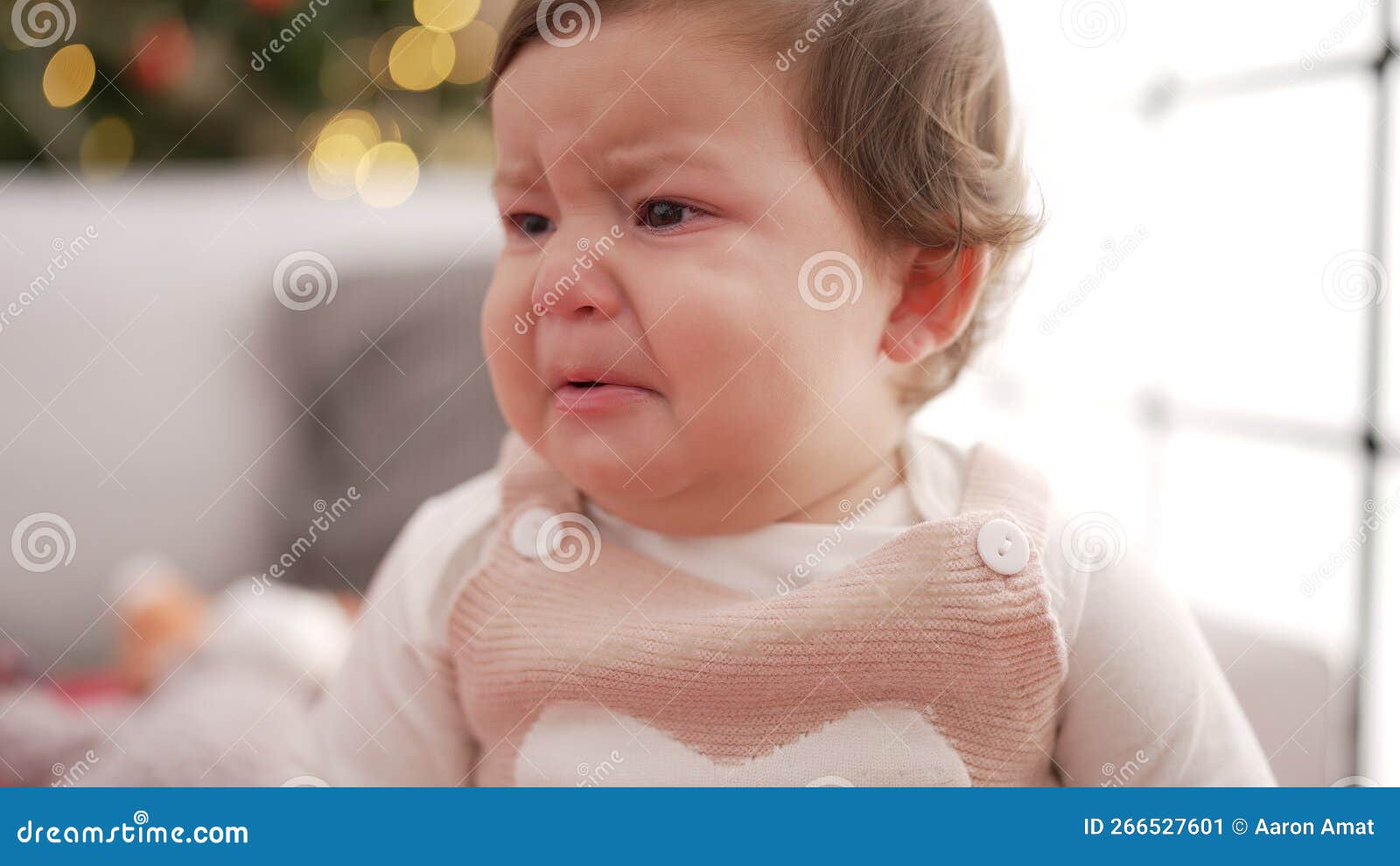 Adorable Toddler Standing by Christmas Tree Crying at Home Stock Image ...