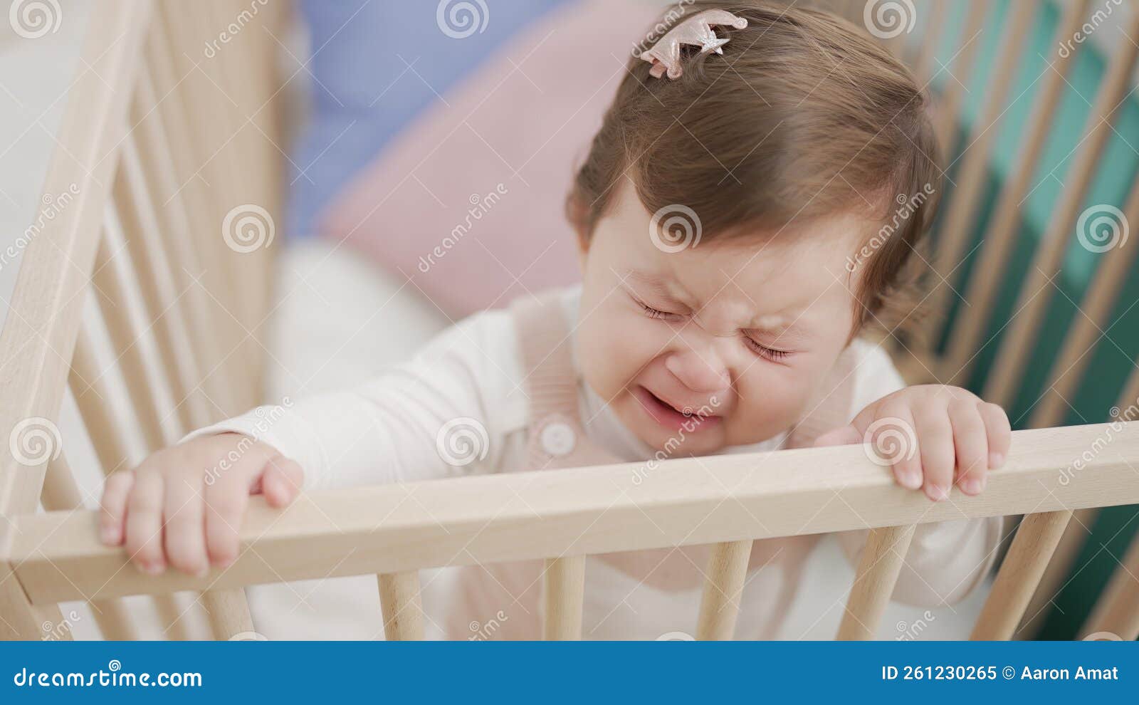 Adorable Toddler Standing on Cradle Crying at Bedroom Stock Image ...