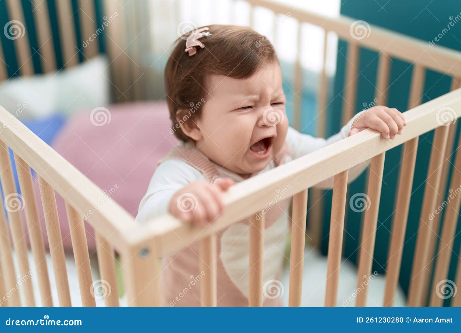Adorable Toddler Standing on Cradle Crying at Bedroom Stock Photo ...
