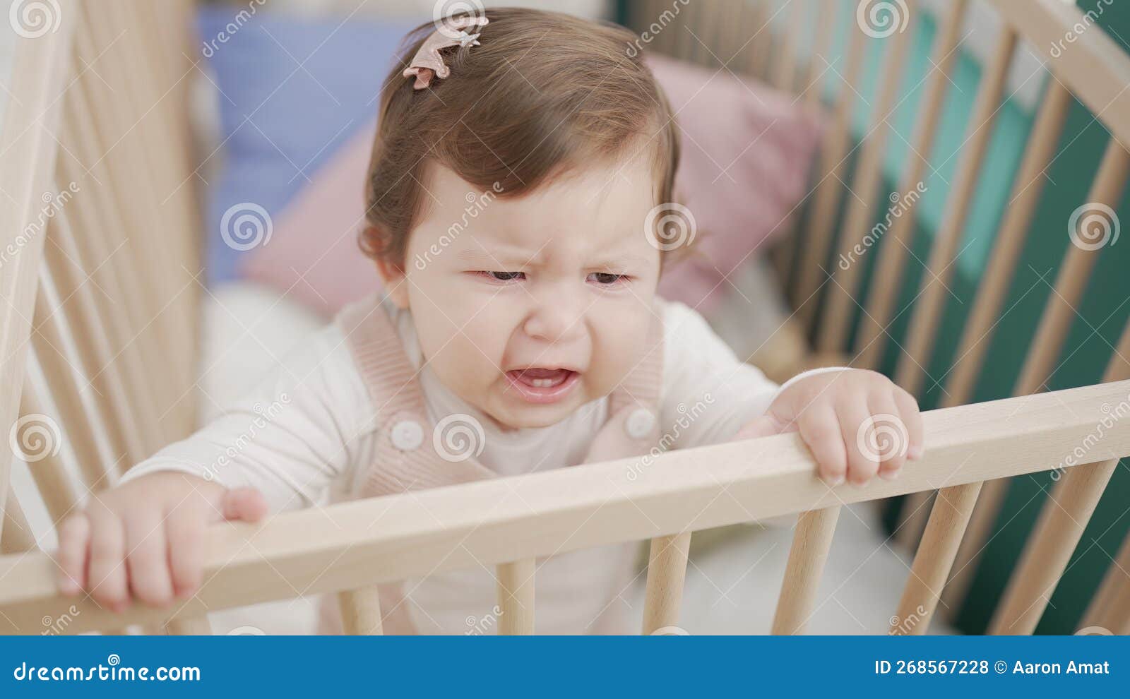 Adorable Toddler Standing on Cradle Crying at Bedroom Stock Photo ...