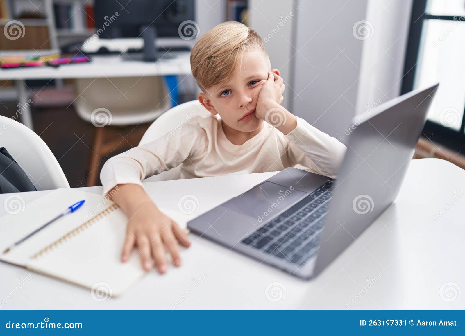 Adorable Toddler Student Boring Using Laptop Sitting on Table at ...
