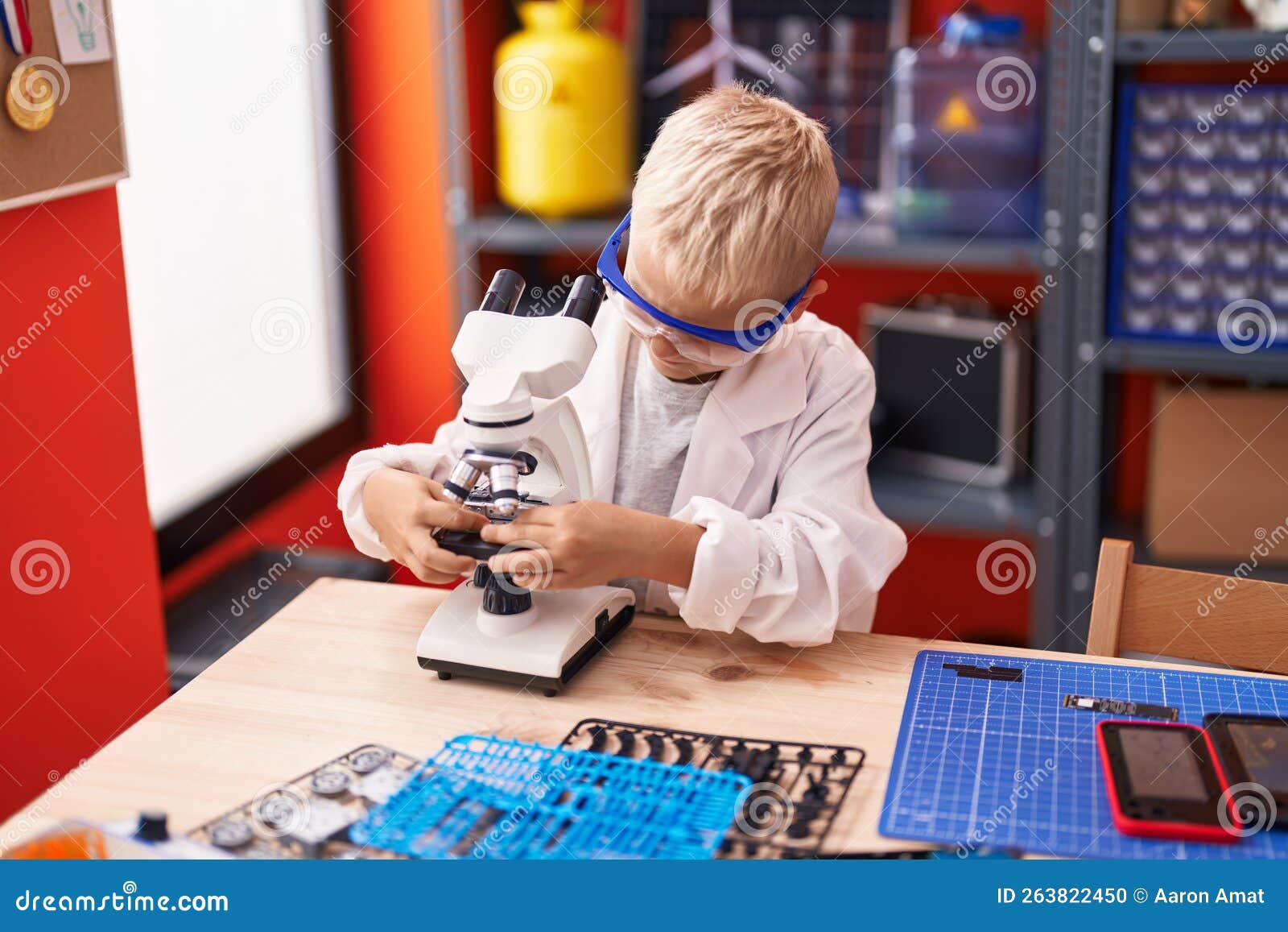 Adorable Toddler Student Using Microscope Standing at Classroom Stock ...