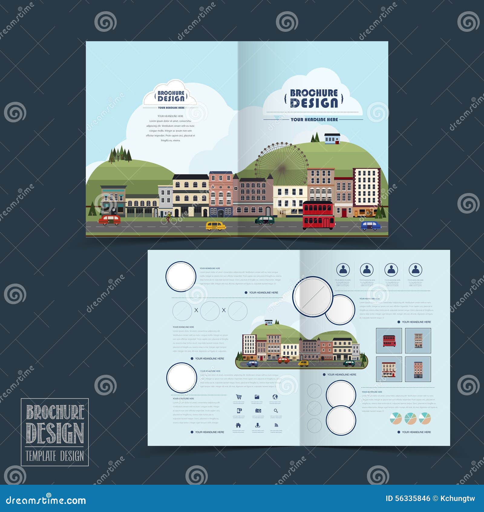 Adorable Town Scenery Half-fold Brochure Template Stock Vector ...