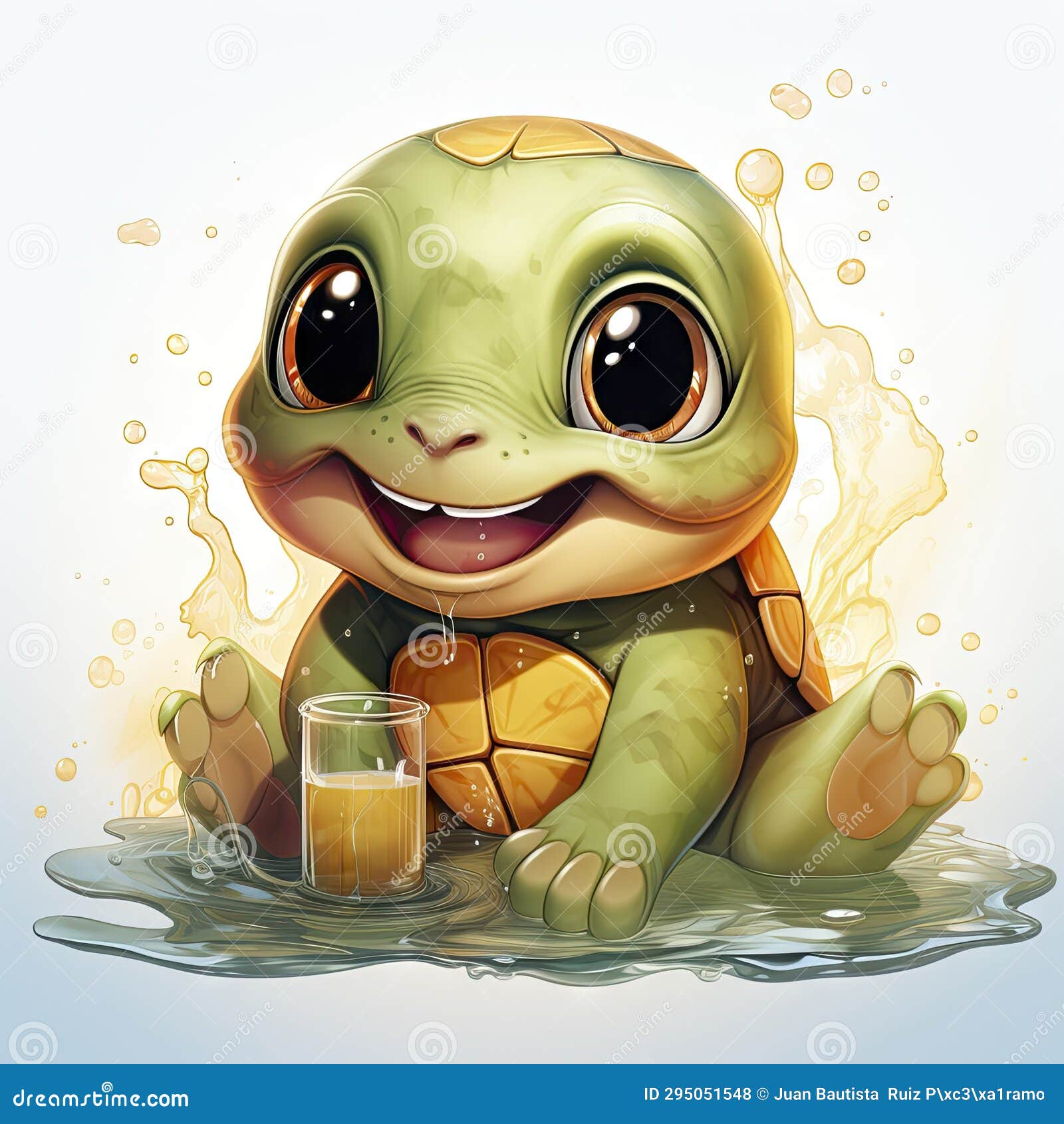 Adorable Turtle Sipping Cool Drinks, Surrounded by Water Bubbles, in a ...